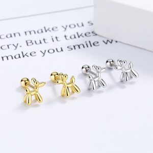 18G Cute Balloon Dog Cartilage Stud Earrings 925 Sterling Silver Gold Plated Lovely Animal Pet Tragus Helix Earring Conch Daith Piercing Studs Post Barbell Bar for Women Hypoallergenic (White Gold)