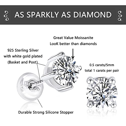 1CT Moissanite Stud Earrings 925 Sterling Silver G H Color Brilliant Round Lab Created Diamond Stud Earrings with Safety Backs for Women Girls with Certificate of Authenticity