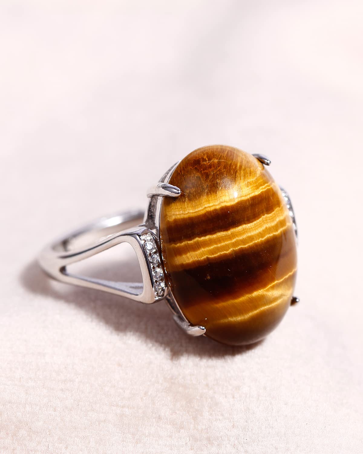 Jewever 925 Sterling Silver Rings for Women Men Genuine Tiger Eye Stone Anxiety Ring Open Adjustable Unisex Jewelry (7-10#)