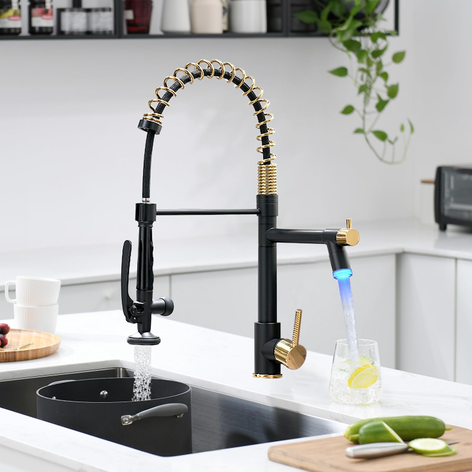 Fapully LED Kitchen Faucet with Pull Down Sprayer,Black&Gold Commercial Kitchen Faucet for Kitchen Sink