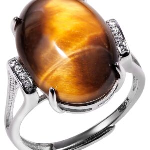 Jewever 925 Sterling Silver Rings for Women Men Genuine Tiger Eye Stone Anxiety Ring Open Adjustable Unisex Jewelry (7-10#)