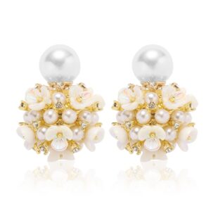 numgug shell flower pearl earrings ball pearl double sided stud front back earrings for women 14k gold plated inlaid created zircon pearl stud (a-golden)1