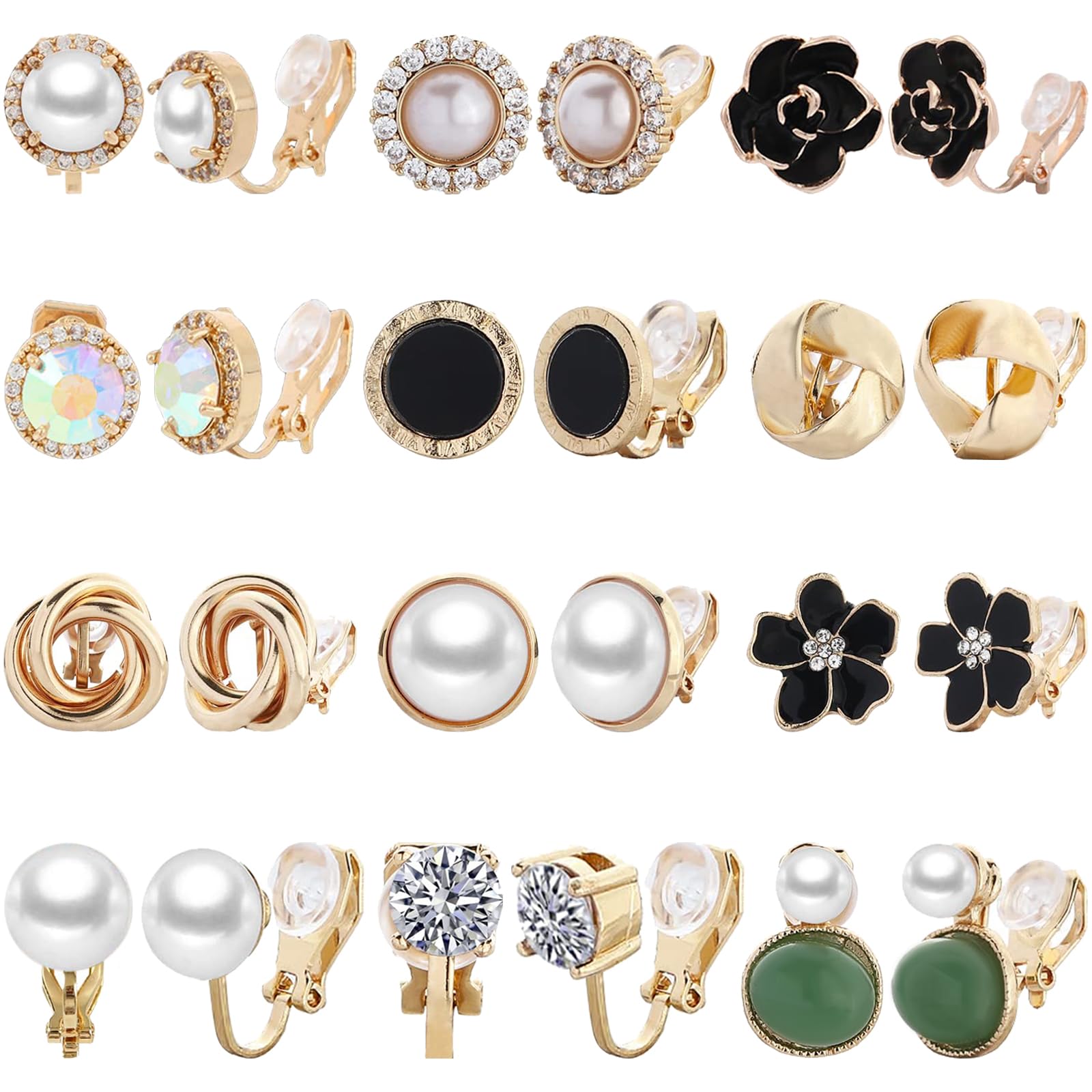 NEWITIN 12 Pairs Clip On Earrings for Women Cute Earrings Crystal Earrings Pearl Earrings Charming Fashion Earrings Non Piercing Clip on Earrings for Women