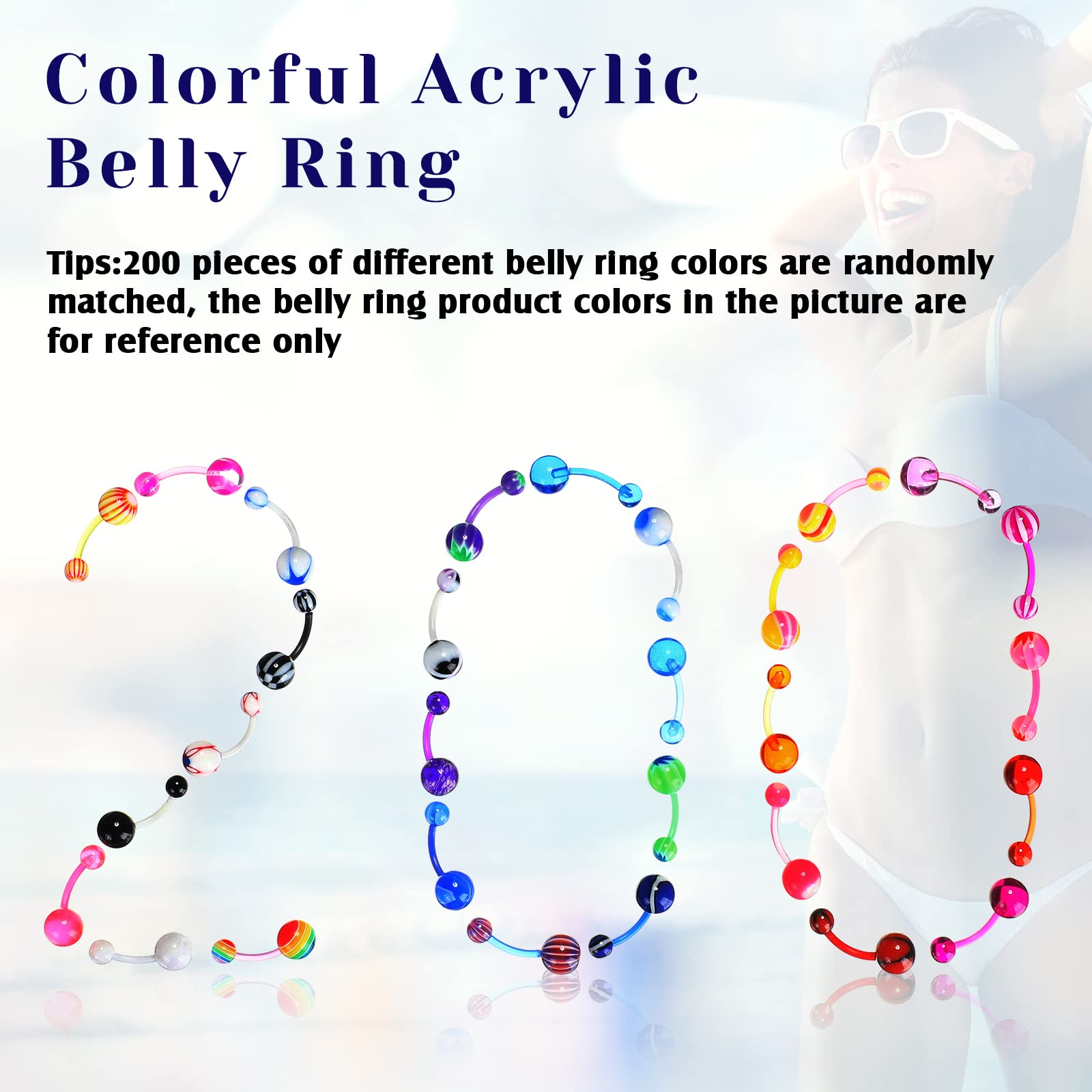 Junkin 200 Pieces Belly Button Rings Piercing multipack belly ring Button Banana Barbells Colorful Body Navel Rings Navel Barbell Acrylic Balls Steel Belly Rings Body Piercing Jewelry