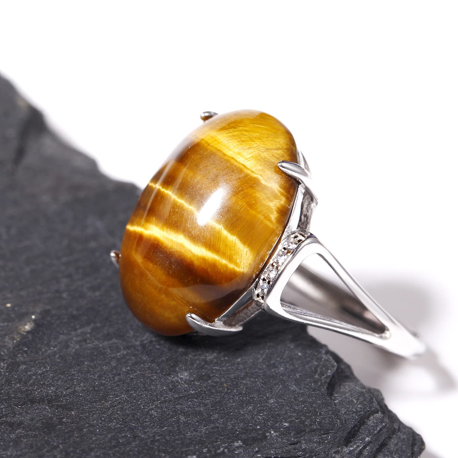 Jewever 925 Sterling Silver Rings for Women Men Genuine Tiger Eye Stone Anxiety Ring Open Adjustable Unisex Jewelry (7-10#)