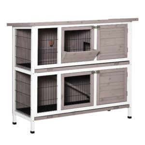 pawhut indoor or outdoor rabbit hutch with quick on-the-go feeding, wood rabbit cage, long hopping distance, medium rabbit hutch, 4 door, no leak tray, grey brown