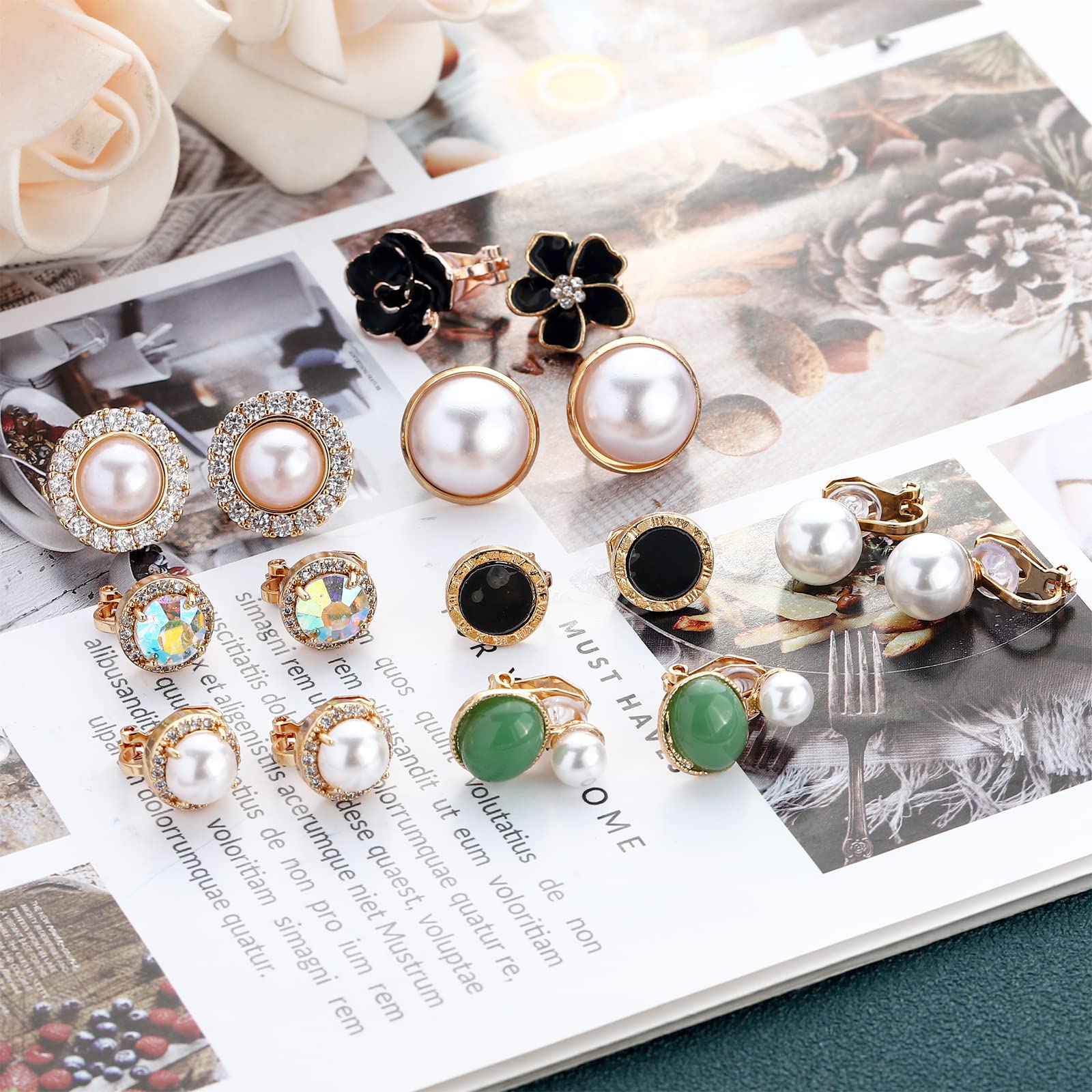 NEWITIN 12 Pairs Clip On Earrings for Women Cute Earrings Crystal Earrings Pearl Earrings Charming Fashion Earrings Non Piercing Clip on Earrings for Women