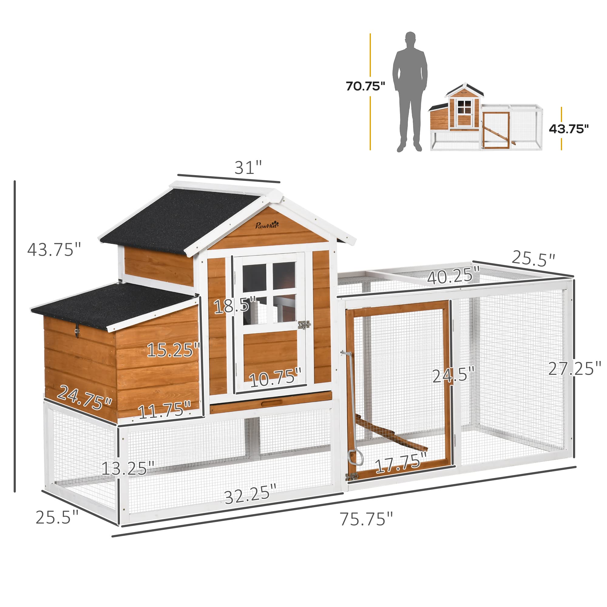 PawHut 76" Wooden Chicken Coop with Safe and Healthy Non-Polluting Materials, Outdoor Hen House Poultry Cage with Weatherproof Materials