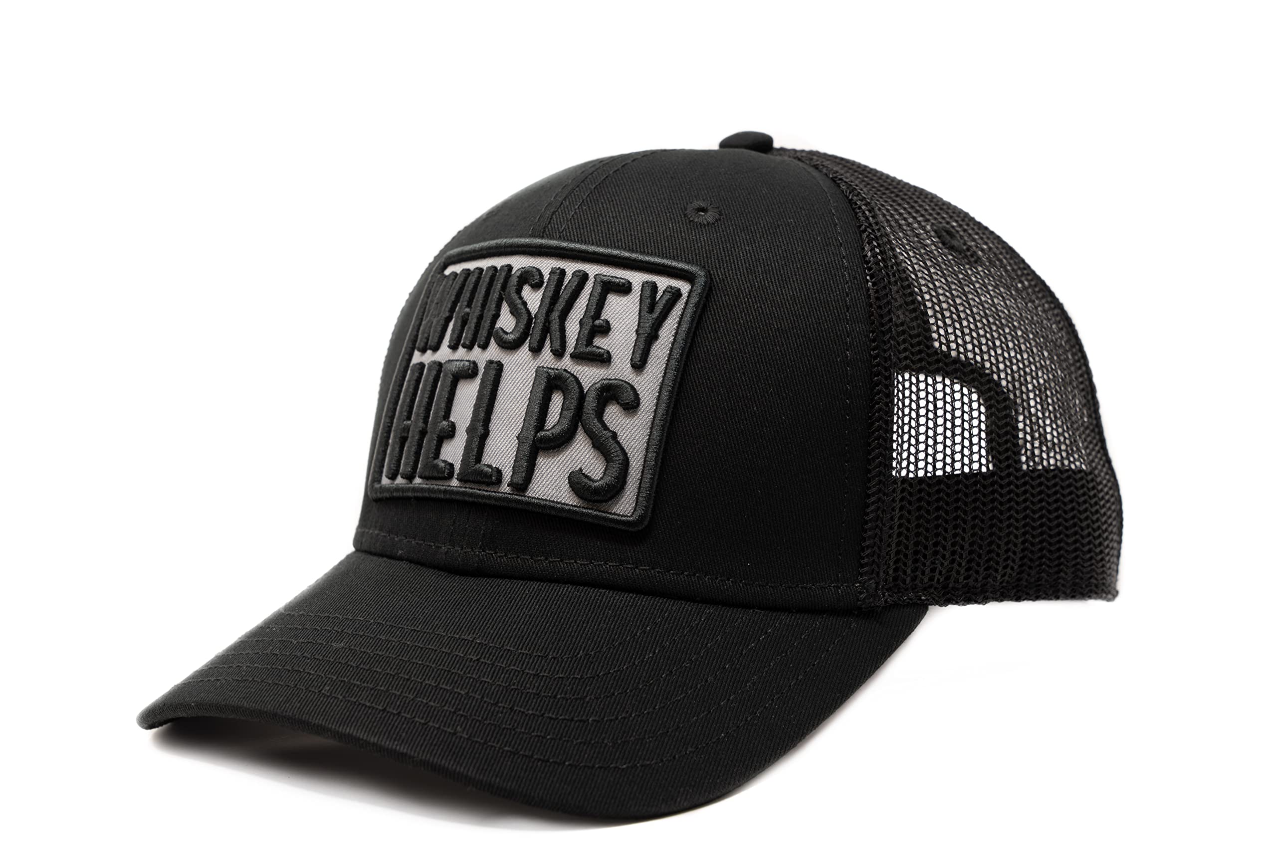 MASHBILL Trucker Hat - Whiskey Helps Embroidered Patch, Snap Closure, Adjustable Mesh Back, One Size Fits Most, for Bourbon & Whiskey Lovers, Men's Mesh Cap