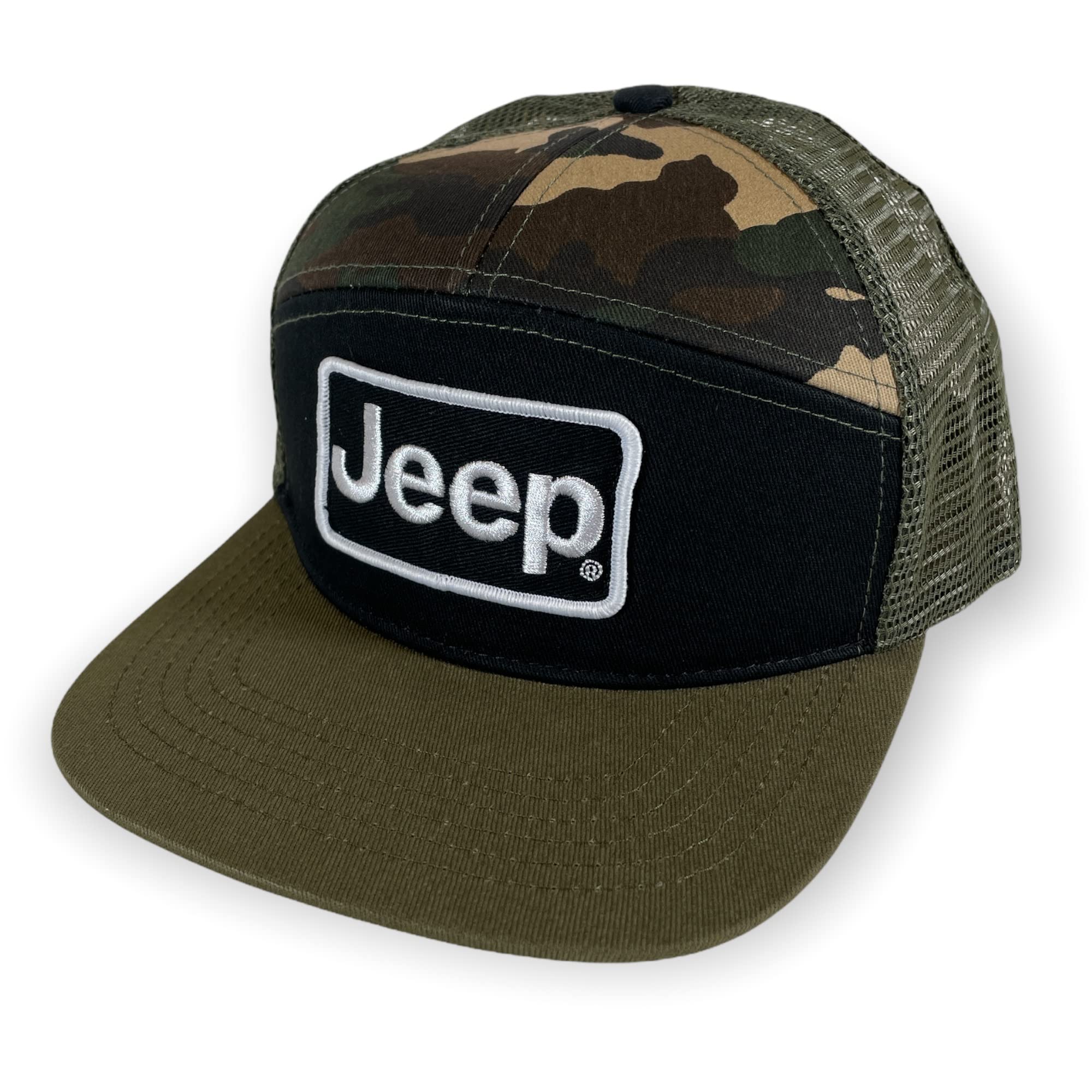 Jeep Premium 7 Panel Flatbill Snapback Patch Dad Hat for Men Baseball Cap Polo Hats (Black/Camo, OneSize)