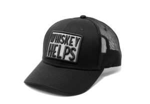 mashbill trucker hat - whiskey helps embroidered patch, snap closure, adjustable mesh back, one size fits most, for bourbon & whiskey lovers, men's mesh cap