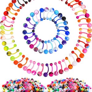 Junkin 200 Pieces Belly Button Rings Piercing multipack belly ring Button Banana Barbells Colorful Body Navel Rings Navel Barbell Acrylic Balls Steel Belly Rings Body Piercing Jewelry