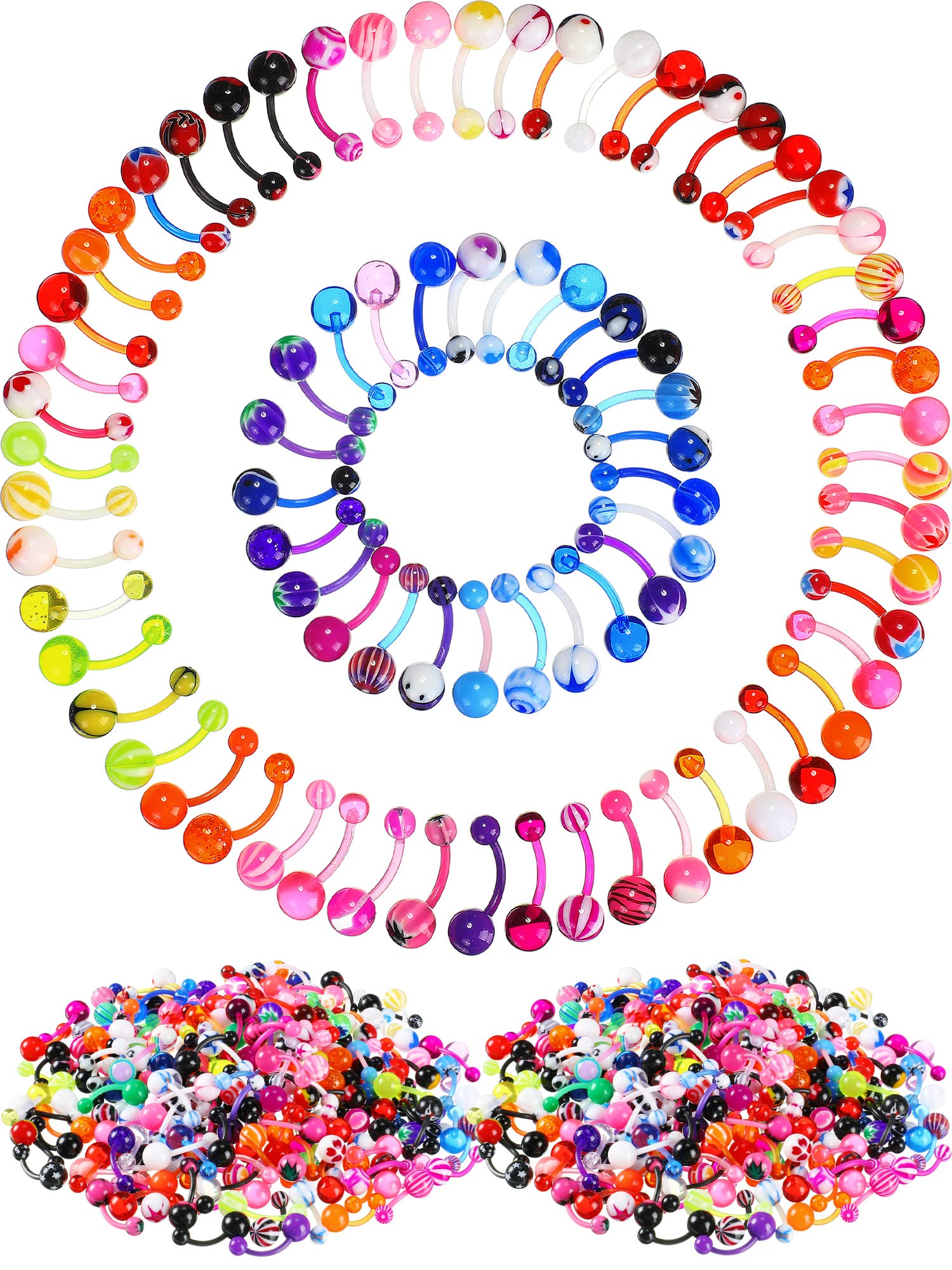 Junkin 200 Pieces Belly Button Rings Piercing multipack belly ring Button Banana Barbells Colorful Body Navel Rings Navel Barbell Acrylic Balls Steel Belly Rings Body Piercing Jewelry