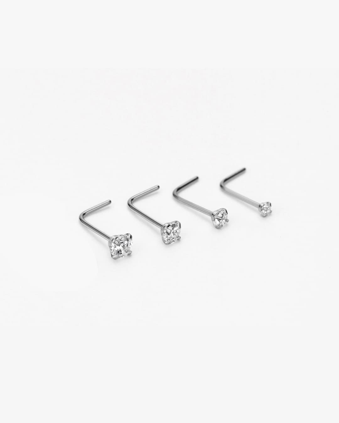 FANSING 4pcs 22g Nose Rings Studs 1.5mm 2mm 2.5mm 3mm CZ Diamond Nose Studs Cubic Zirconia Nose Stud Silver L Shaped Nose Studs for Women Nostril Piercing Jewelry 22 Gauge