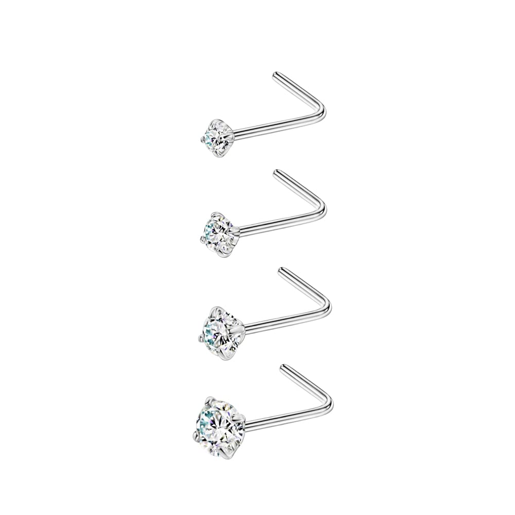 FANSING 4pcs 22g Nose Rings Studs 1.5mm 2mm 2.5mm 3mm CZ Diamond Nose Studs Cubic Zirconia Nose Stud Silver L Shaped Nose Studs for Women Nostril Piercing Jewelry 22 Gauge