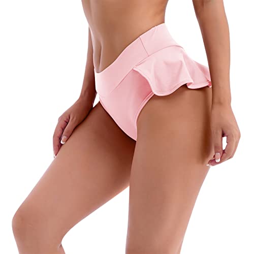 Women's High Waist Ruffle Yoga Shorts Gym Workout Rave Booty Dance Mini Hot Pants Tights Bottoms Active Skirted Panties Pink