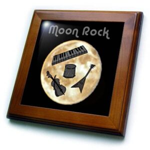 8x8 framed tile - cute funny moon rock and roll pun keyboard, electric guitar, drums music