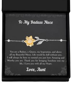 niece gifts from aunt, life to my badass niece bracelet from aunt, sterling silver bracelet with 14k gold sunflower for niece, birthday graduation, valentines gift for niece