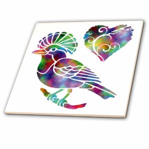 3drose - russ billington designs- love animals - love hoopoe birds- tie dye hoopoe bird and swirly heart - tiles (ct-351894-1)