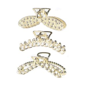 pearl rhinestone hair clips, sinide 3 pack large crystal gold metal hair catch barrette jaw clamp non-slip french hair claws strong hold hair accessories for women, lady, girls