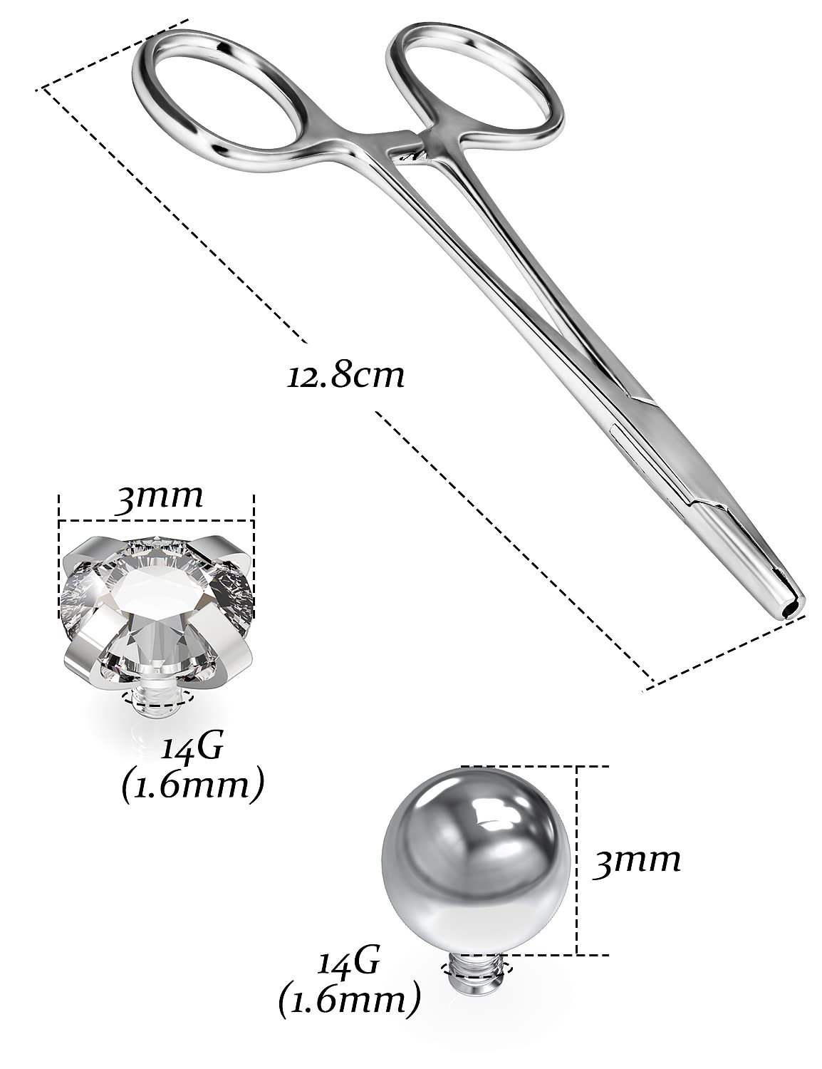 Vsnnsns 316L Surgical Stainless Steel 3MM Dermal Anchor Piercing Clamps Forceps Pliers with 3mm Internally Threaded G23 Solid Titanium Ball CZ Dermal Anchor Piercing Jewelry Kit Tools