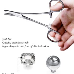 Vsnnsns 316L Surgical Stainless Steel 3MM Dermal Anchor Piercing Clamps Forceps Pliers with 3mm Internally Threaded G23 Solid Titanium Ball CZ Dermal Anchor Piercing Jewelry Kit Tools