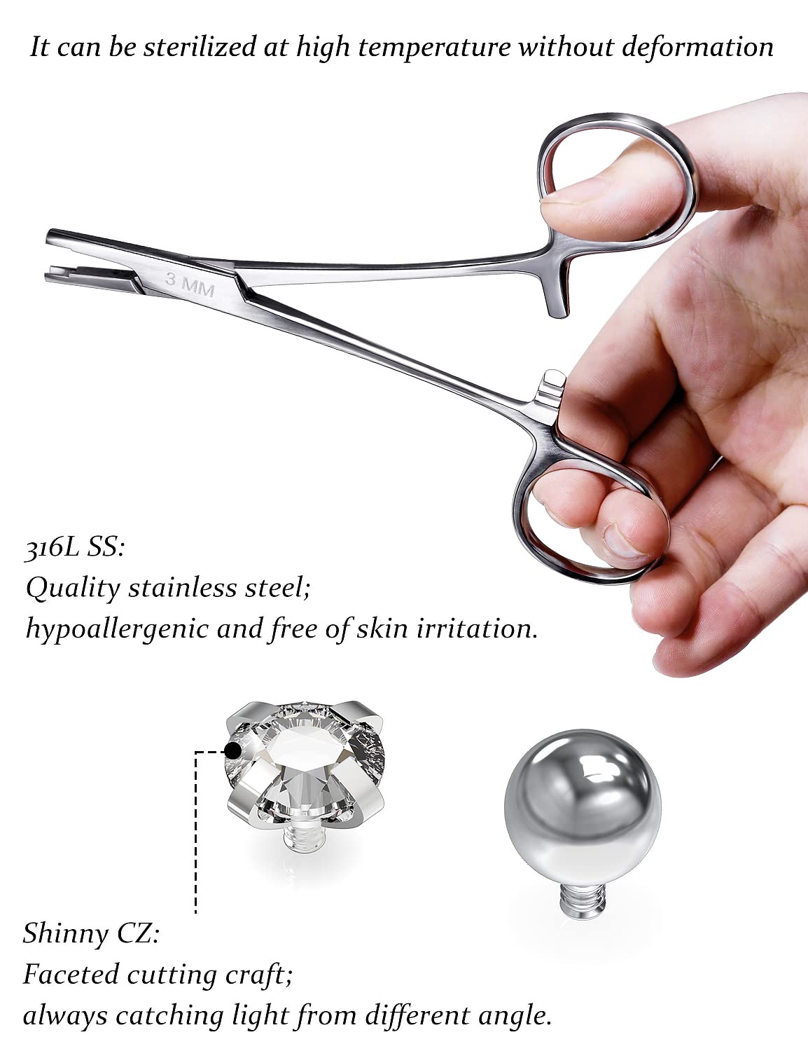 Vsnnsns 316L Surgical Stainless Steel 3MM Dermal Anchor Piercing Clamps Forceps Pliers with 3mm Internally Threaded G23 Solid Titanium Ball CZ Dermal Anchor Piercing Jewelry Kit Tools