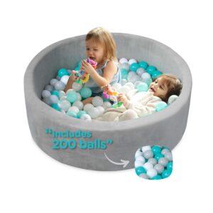 nuby velvet ball pit - 200 balls included - soft play foam ball pits for baby and toddlers with 200 colored balls, ball pit playpen, indoor play gym, outdoor play ball pit for babies, aqua & gray