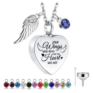 heart urn necklace for ashes with 12 birthstones, cremation ashes jewelry keepsake with angel wing - your wings were ready, but my heart was not (your wings were ready)