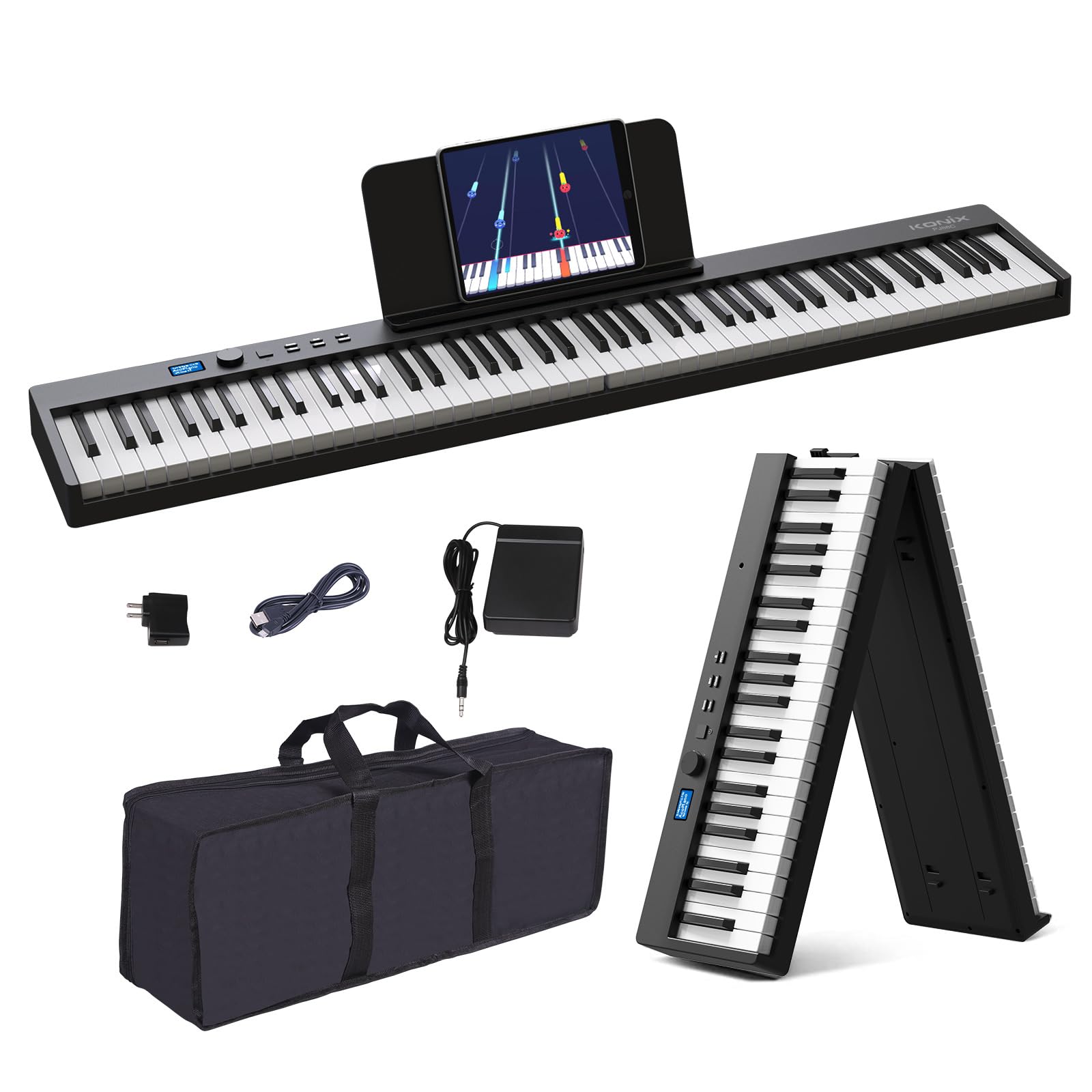 KONIX Folding Piano Keyboard 88 Key, Full Size Semi-Weighted Foldable Piano Keyboard, Bluetooth Portable Electronic Keyboard Piano with Sheet Music Stand, Sustain Pedal and Piano Bag, Black