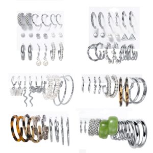 38 pairs silver hoop earring sets for women, boho dangling earrings pack, acrylic assorted jewelry for gift