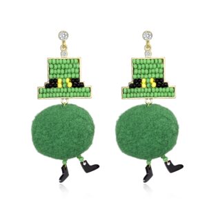 lilie&white st. patrick's earrings for women green dancing leprechaun dangle earrings gift for girls jewelry gift irish shamrock drop earrings bead and pom pom irish st. patrick's day jewelry