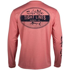 salt life tight lines performance long sleeve classic fit shirt, burnt coral heather, large