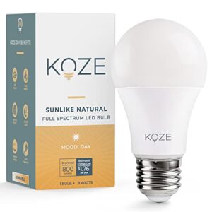 koze led light bulb full spectrum 5000k - dimmable led light bulbs for floor lamp & desk lamp, 9w equivalent, daylight, a19 cri 97, e26 bulb, 1-pack