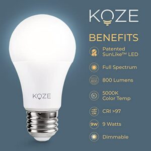 KOZE LED Light Bulb Full Spectrum 5000K - Dimmable LED Light Bulbs for Floor Lamp & Desk Lamp, 9W Equivalent, Daylight, A19 CRI 97, E26 Bulb, 1-Pack