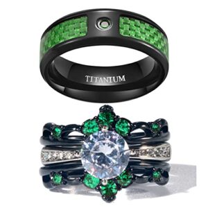 ringheart couple rings black matching ring 1.5ct green cz women wedding ring sets for him and her his her wedding ring