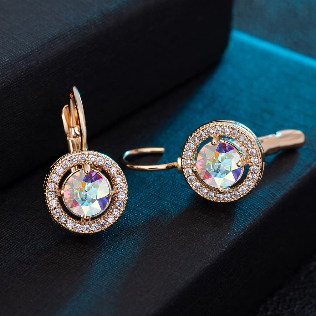 Austrian Crystal Halo Round Drop Leverback Earrings for Women 14K Rose Gold Plated Hypoallergenic Jewelry (Aurora Borealis)