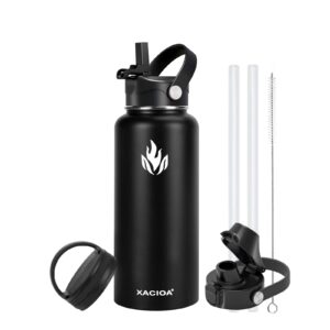 xacioa 32oz water bottle,vacuum insulated stainless steel water flask with straw lid auto spout lid sport lid,leak proof,double walled travel drink mug,metal canteen,hot cold water bottles