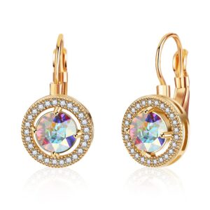 austrian crystal halo round drop leverback earrings for women 14k rose gold plated hypoallergenic jewelry (aurora borealis)