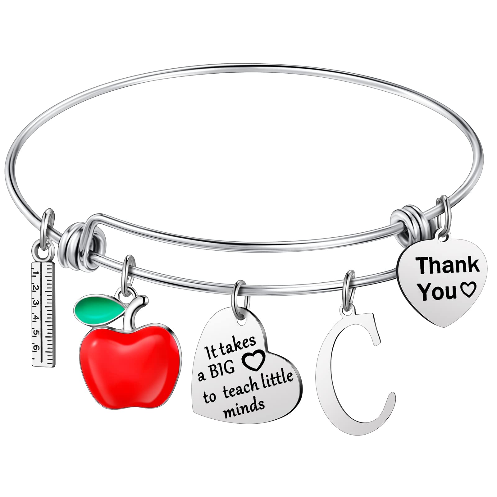 MTLEE Teacher Appreciation Gift Teacher Bracelet Bangle Gift Teacher Thank You Keychain with Initial(Letter C Style)