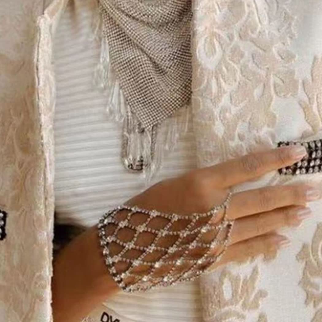 EARENT Rhinestone Bracelet Ring Silver Hand Chain Crystal Bangle Finger Ring Bracelets Wedding Hand Harness Hand Accessories for Women