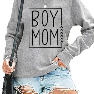 Boy Mom Sweatshirt for Women Casual Fall Winter Long Sleeve Pullover Tops Funny Letter Print Boy Mama T Shirt (M, Gray)