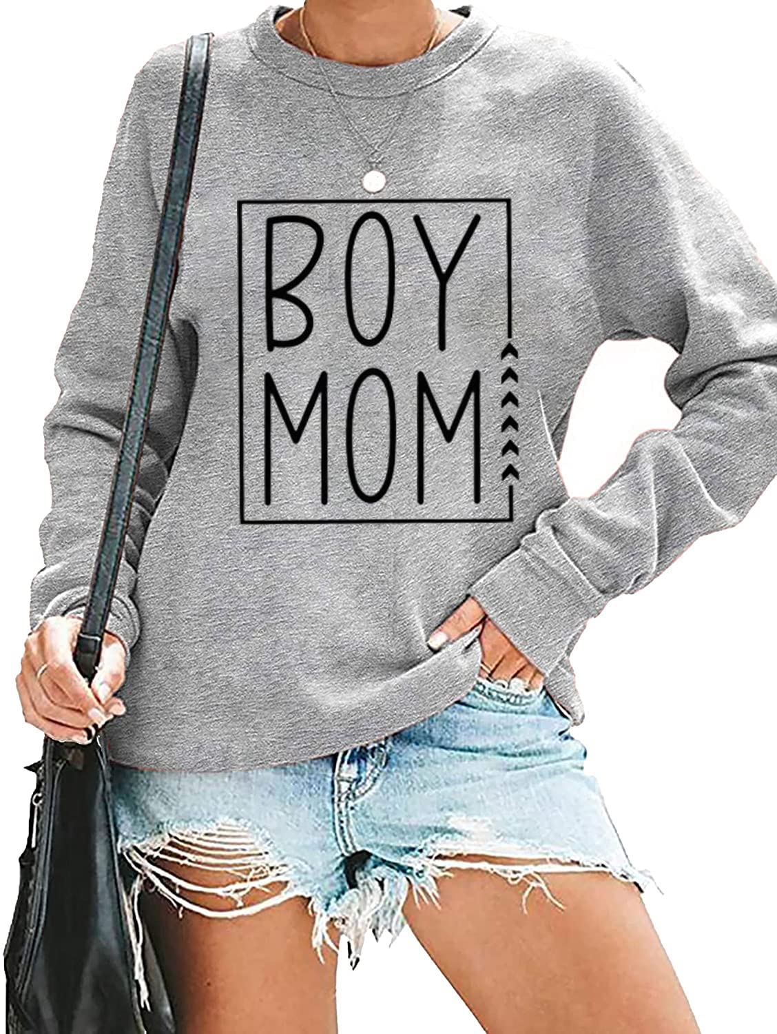 Boy Mom Sweatshirt for Women Casual Fall Winter Long Sleeve Pullover Tops Funny Letter Print Boy Mama T Shirt (M, Gray)