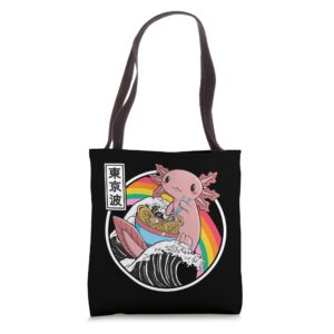 axolotl eating ramen kanagawa wave kawaii anime vaporwave tote bag