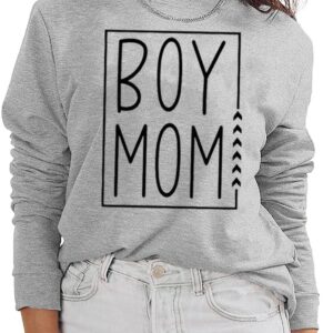 Boy Mom Sweatshirt for Women Casual Fall Winter Long Sleeve Pullover Tops Funny Letter Print Boy Mama T Shirt (M, Gray)