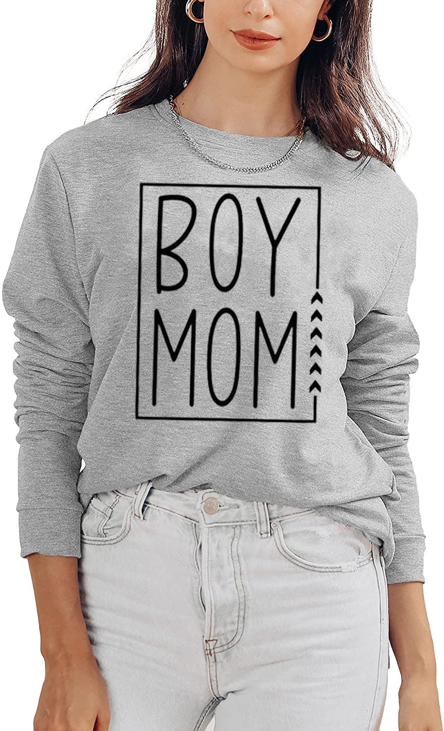 Boy Mom Sweatshirt for Women Casual Fall Winter Long Sleeve Pullover Tops Funny Letter Print Boy Mama T Shirt (M, Gray)