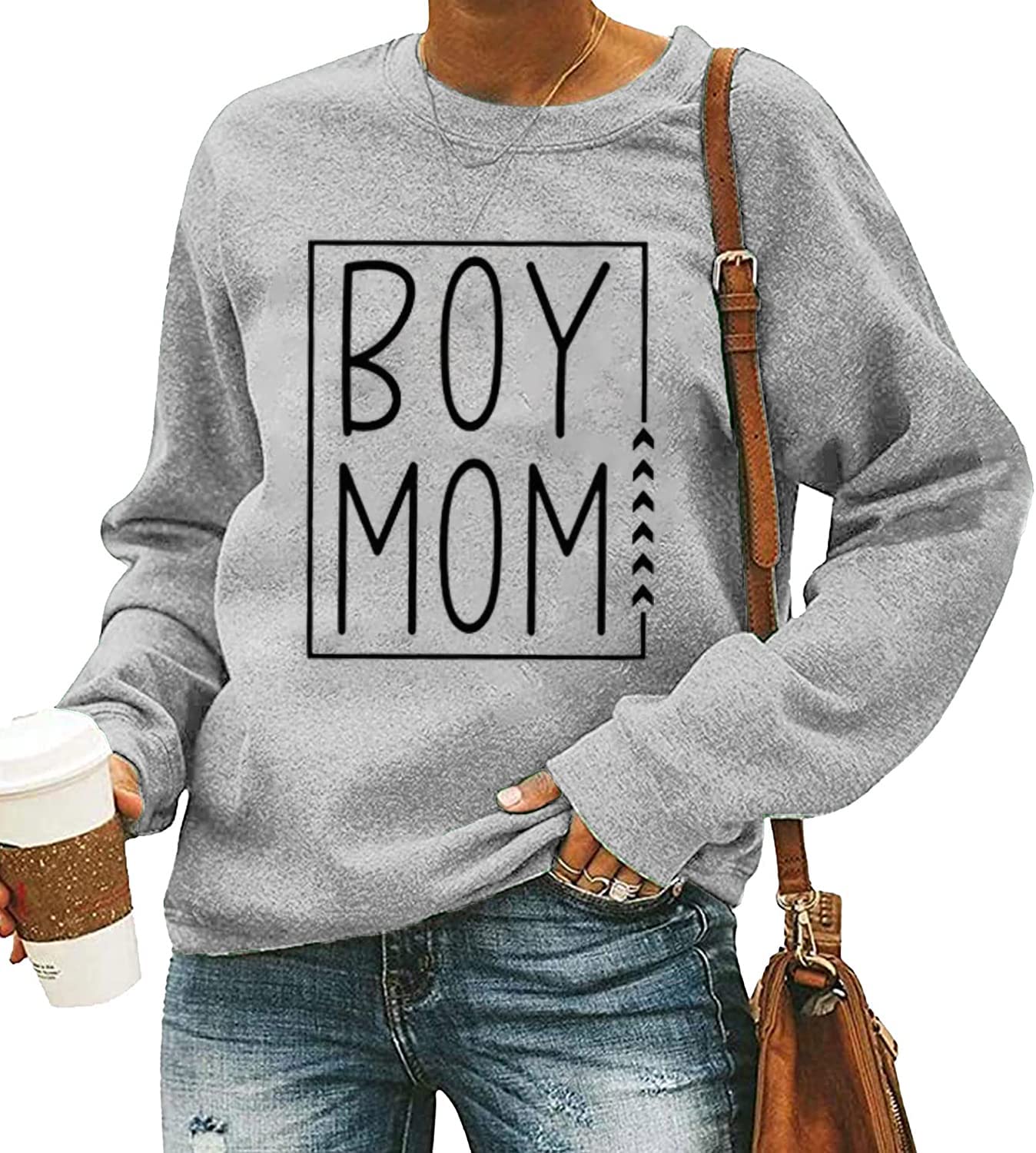 Boy Mom Sweatshirt for Women Casual Fall Winter Long Sleeve Pullover Tops Funny Letter Print Boy Mama T Shirt (M, Gray)