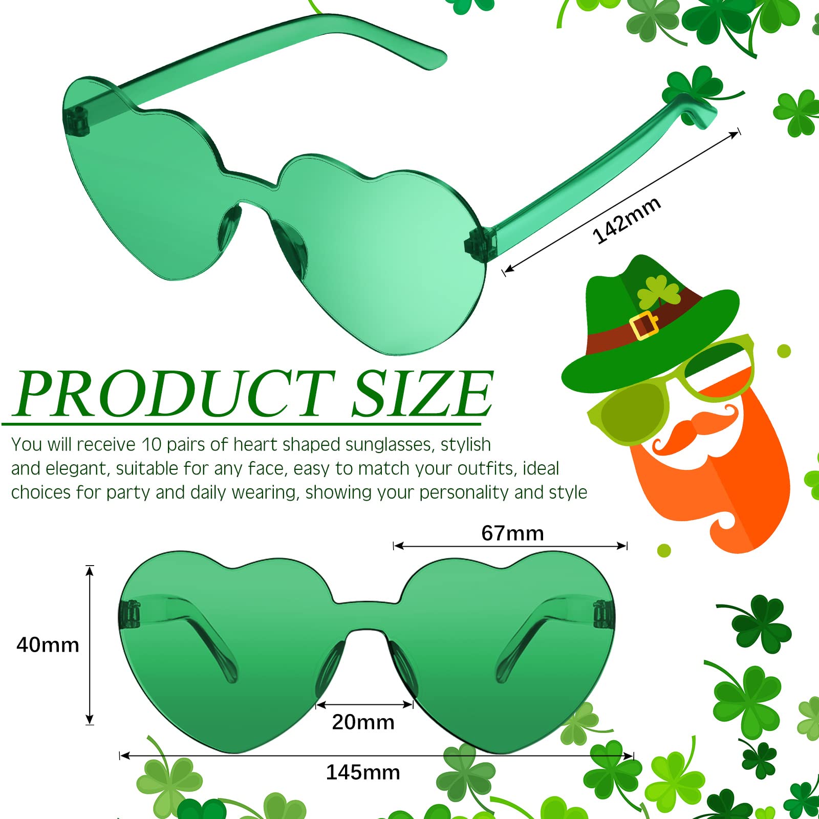 TOODOO 10 Pairs Heart Shaped Sunglasses Rainbow Sunglasses Candy Color Rimless Glasses for Women Girl Party Favor(Green)