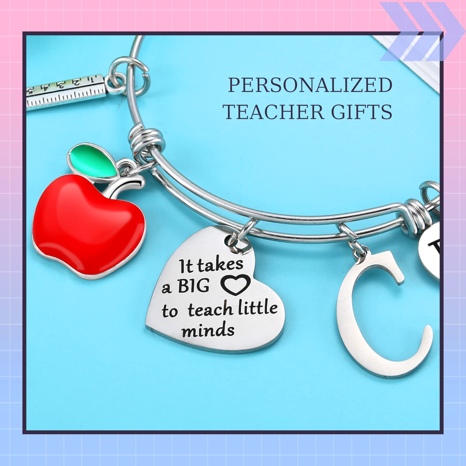 MTLEE Teacher Appreciation Gift Teacher Bracelet Bangle Gift Teacher Thank You Keychain with Initial(Letter C Style)