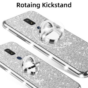 for Cricket Icon 3 Phone Case (3rd Version) Cute Girls Women Glitter Soft Silicone Case with Ring Stand Strap Lanyard Shockproof Protection Cover for Cricket Splendor / At&t Motivate 2 (2nd) - Silver